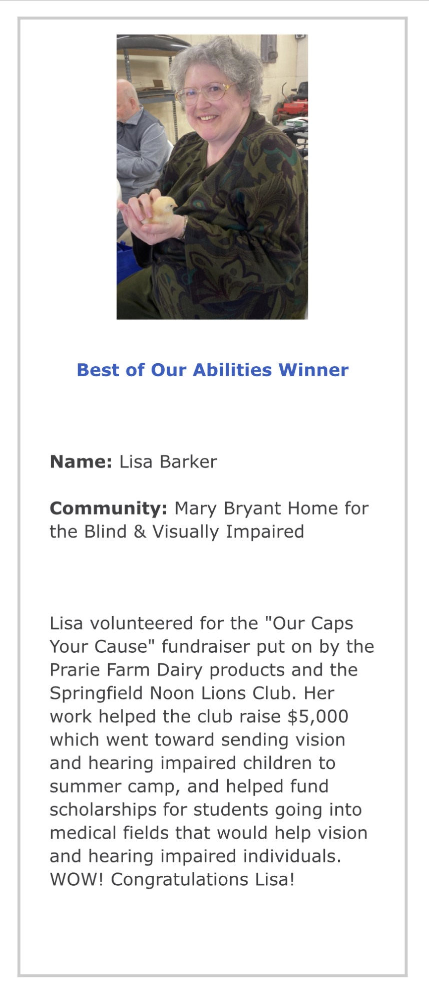 Congratulations MBH Resident Lisa Barker – SPRINGFIELD NOON LIONS CLUB